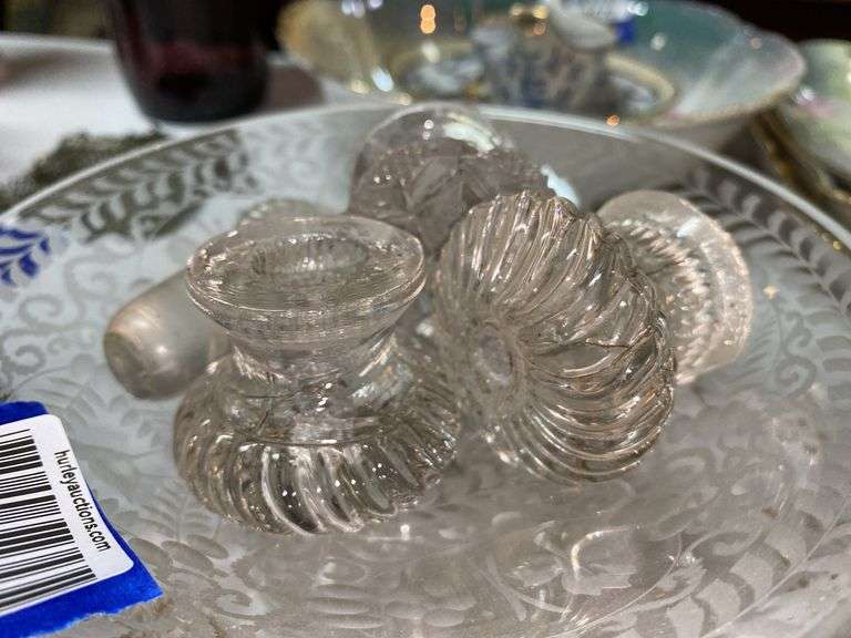 Engraved glass footed dish, and pressed glass knobs and stopper ...
