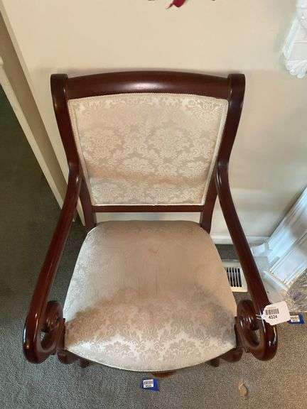 Open arm chair w/scroll arms, in white damask upholstery - Hurley Real ...