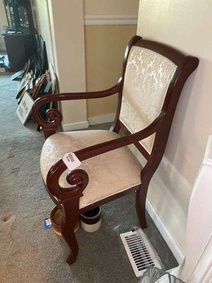 Open arm chair w/scroll arms, in white damask upholstery - Hurley Real ...