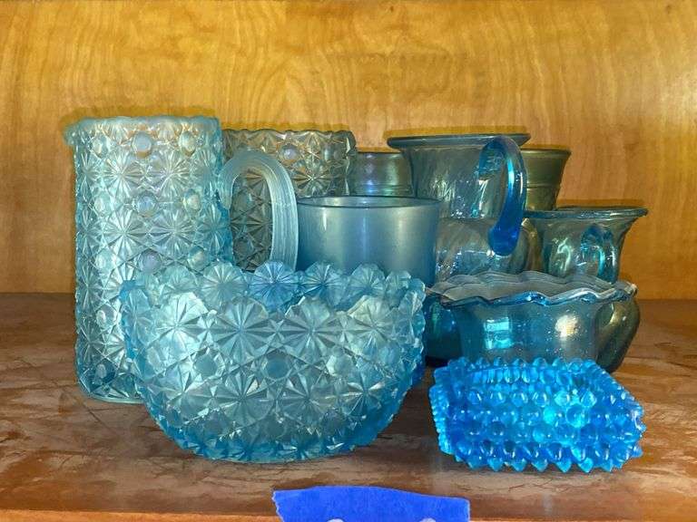 Blue Daisy & Button pattern glass, and two blue carnival glass Concave ...