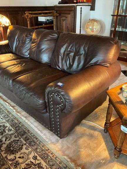Brown leather sofa w/ decorative tack head trim 86x37x31 - Hurley Real ...