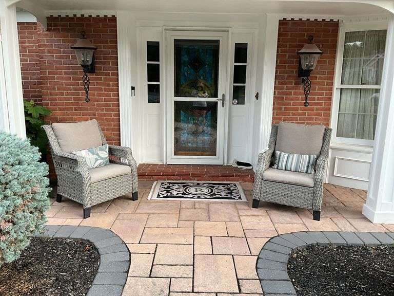 Two wicker patio arm chairs w/ cushions and throw pillows - Hurley Real ...