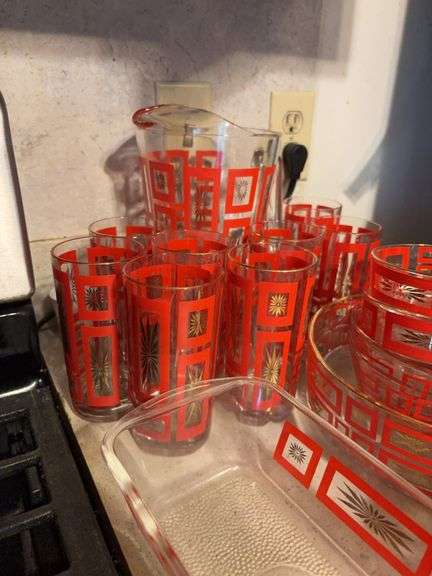 Large set of MCM mid-century modern decorated glassware, red blocks w ...