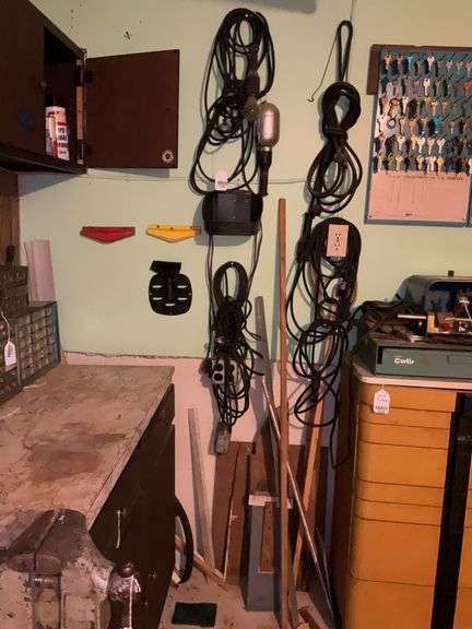 Trouble light, electrical outlet, extension cord, misc scrap lumber lot ...