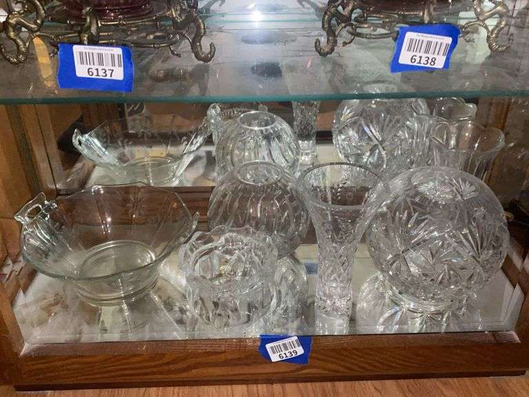 Shelf of pressed & crystal glassware - Hurley Real Estate & Auctions