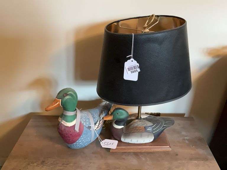 Duck decoy desk lamp w/ black shade, and printed cloth stuffed duck ...