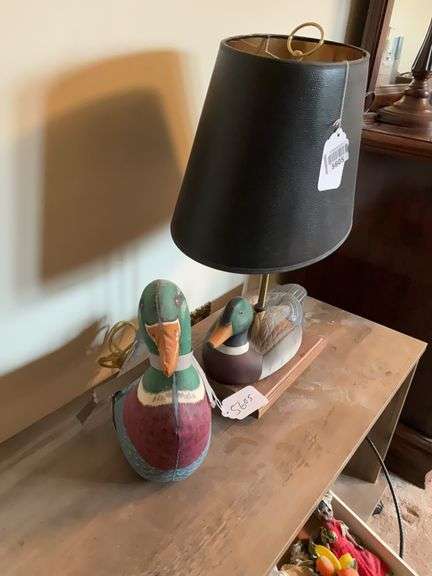 Duck decoy desk lamp w/ black shade, and printed cloth stuffed duck ...