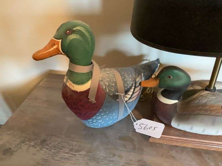 Duck decoy desk lamp w/ black shade, and printed cloth stuffed duck ...