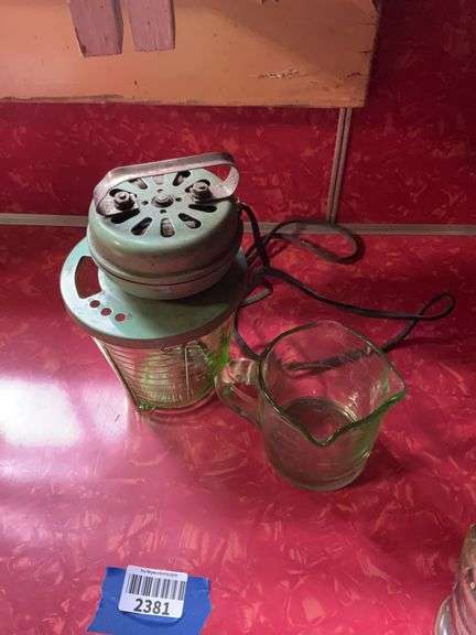 Green Depression Uranium glass beater jar w/ electric top, and ...