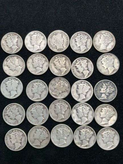 1911 Barber silver dime, and twenty-four silver Mercury dimes - Hurley ...