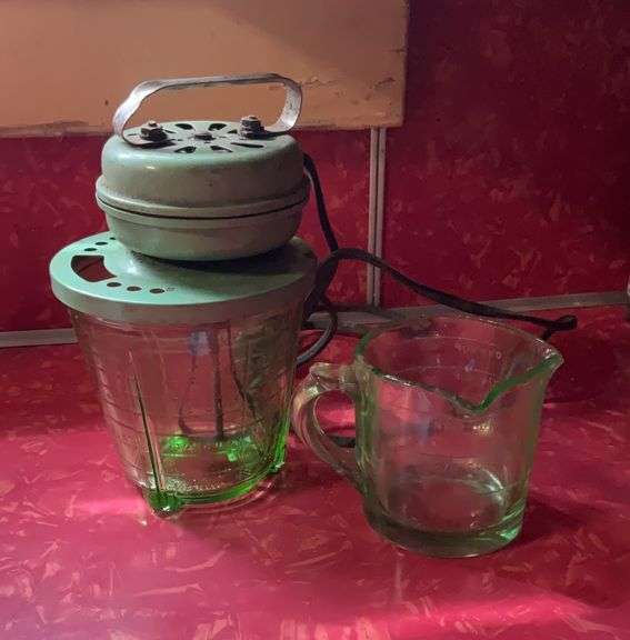Green Depression Uranium glass beater jar w/ electric top, and ...