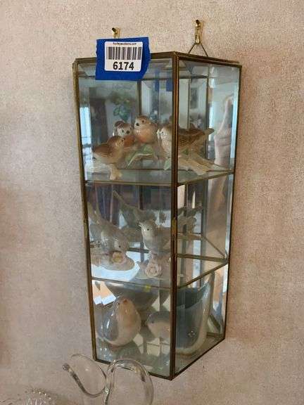 Glass wall mount curio w/ ceramic birds - Hurley Real Estate & Auctions