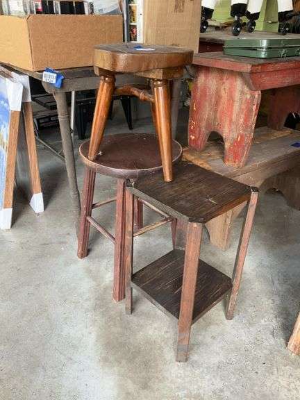 Two wooden stools and one plant stand - Hurley Real Estate & Auctions