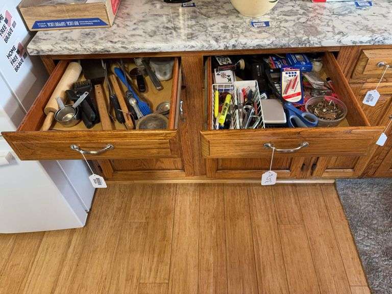 Contents of two drawers: rolling pin, utensils, desk supplies - Hurley ...