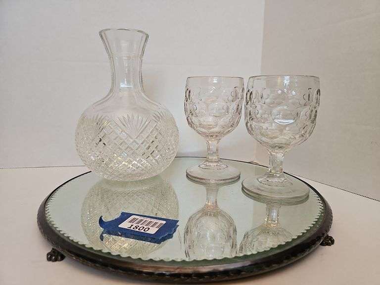 Ornate table mirror plateau w/ two EAPG honeycomb pattern goblets ...
