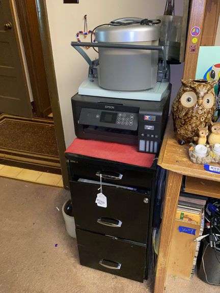 File cabinet and contents: Epson ET2850 printer, CD rack w/ CDs, DVDs ...