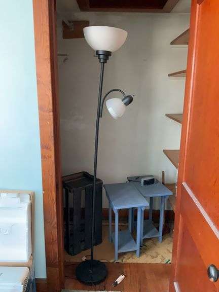 Closet lot to include light, 2 stands, alarm clock and wooden crate ...