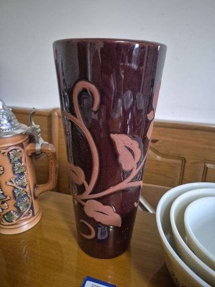 Redware pottery vase w/ leaf and vine motif - Hurley Real Estate & Auctions