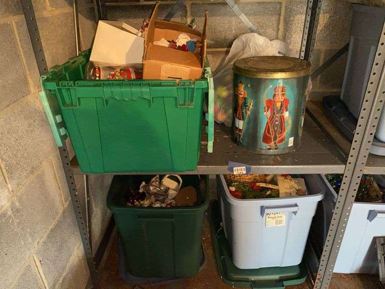 Contents of shelf and on floor below: Christmas and Easter decor ...