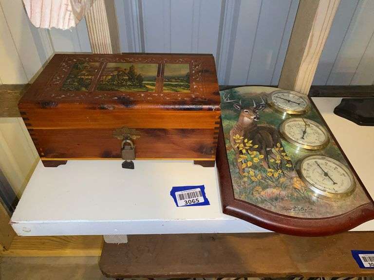 Bart DeCeglie deer thermometer/barometer plaque, and cedar dresser box ...