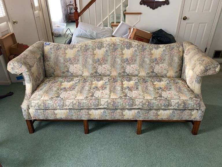 Camel back sofa w/ out-scrolled arms, floral tapestry upholstery ...