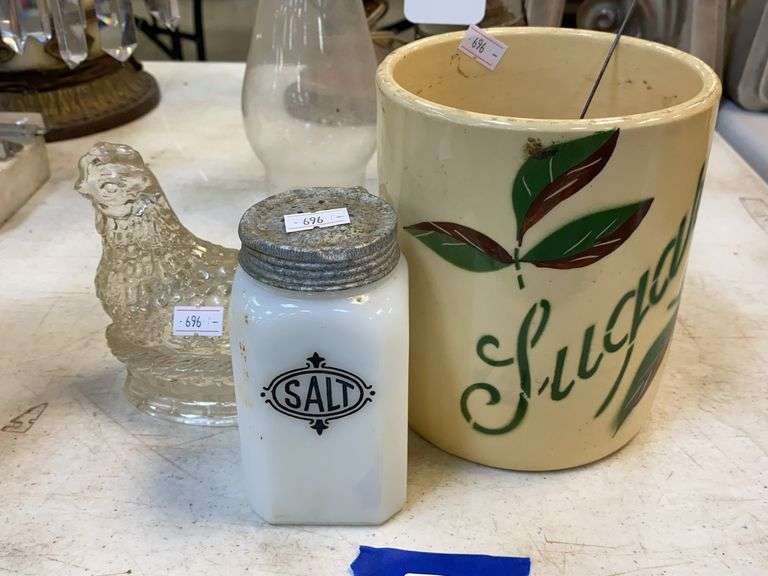 Hatpin, figural glass hen candy container, milk glass kitchen shaker ...