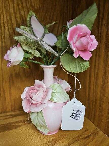 Seymour Mann faience vase w/ applied rose and leaves, holding china ...