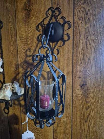 Wrought metal hanging candle lantern on matching wall bracket - bring ...