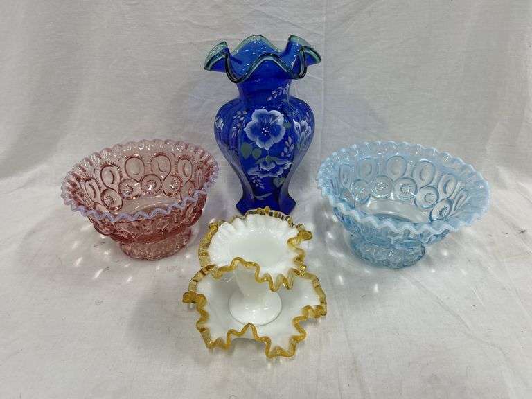 Group of Fancy Glassware Including a Fenton Hand-painted Vase ...