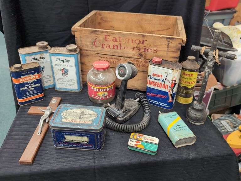VINTAGE WOODEN CRATE WITH ASST'D CANS, TIN, MICROPHONE, COFFEE JAR, ETC ...