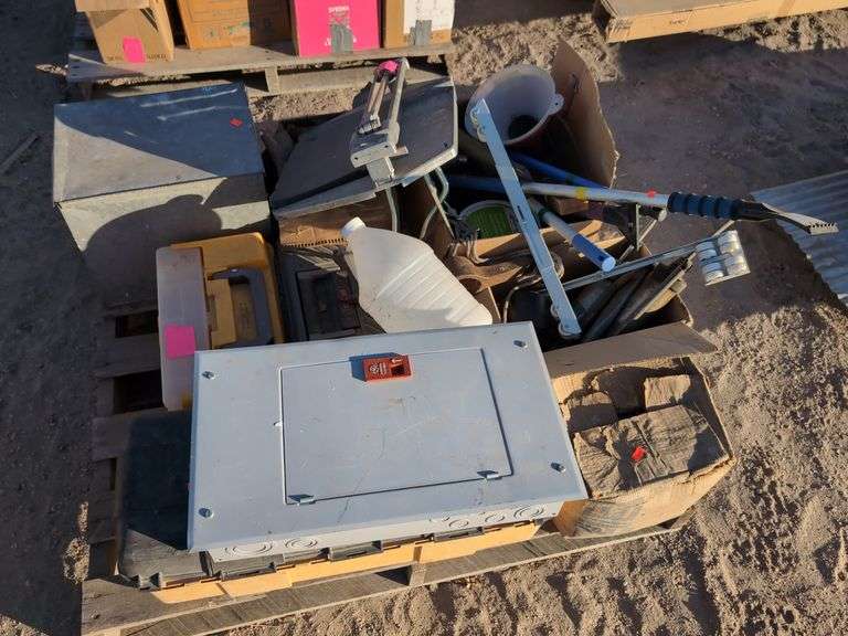 (OUT) ELEC. BOX, TOOL BOXES, TILE CUTTER, GREASE GUNS, PICK HEAD, MILK ...