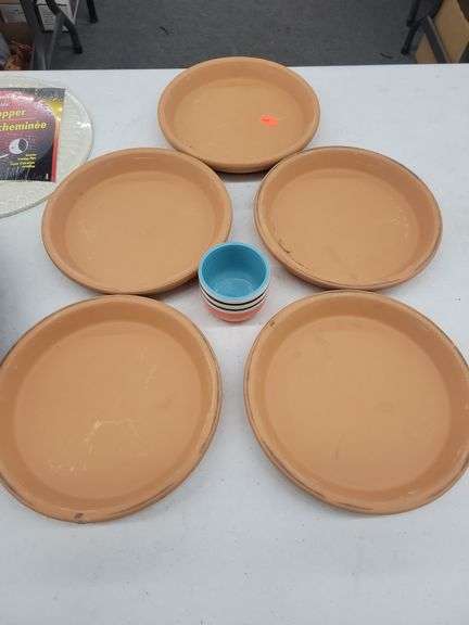 (6) CLAY PLANT SAUCERS 7.5", FLUE STOPPER, WHEELBARROW TIRE, MINI ...