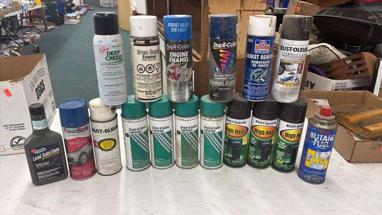 ASSORTED LUBRICANTS, ENAMELS, BUTANE FUEL, ETC. - Isabell Auction