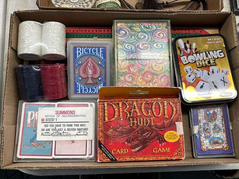 ASSORTED CARD GAMES, CRIBBAGE BOARD, POKER CHIPS, ETC. - Isabell Auction