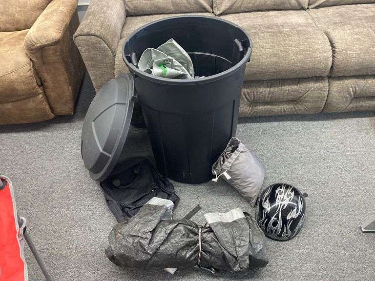 TRASH CAN FULL OF BAGS, TARPS, HELMETS, ECT - Isabell Auction
