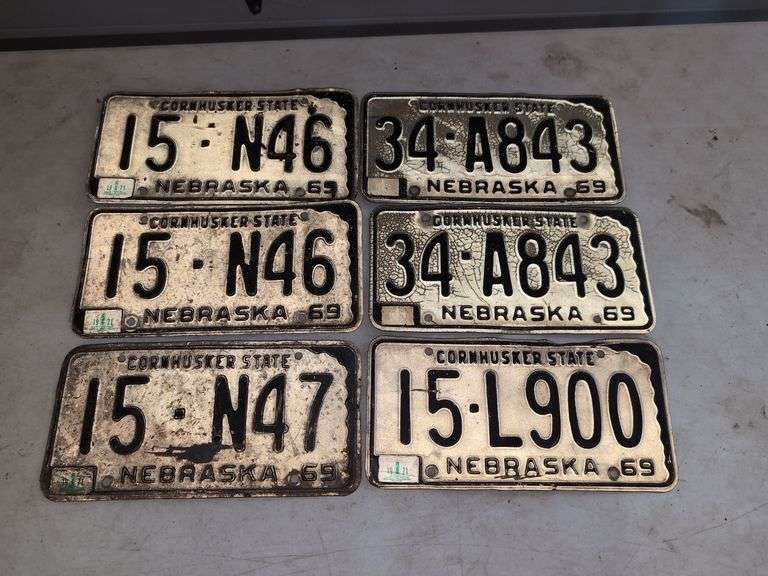 (6) 1969 NEBRASKA CORNHUSKER STATE LICENSE PLATES - Isabell Auction