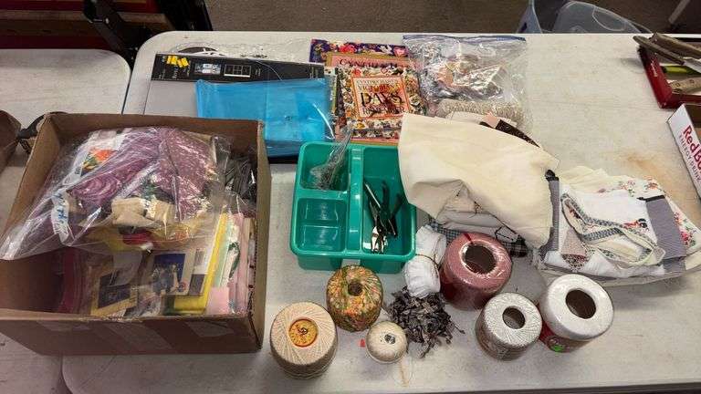 ASSORTED MATERIAL, CROCHET THREAD, FILE FOLDERS, HOLE PUNCHES, ETC ...