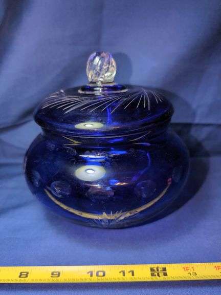 BOHEMIAN COBALT BLUE CUT TO CLEAR CANDY JAR - Isabell Auction