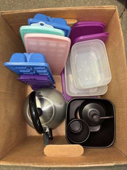 ASSORTED PLASTIC CONTAINERS WITH LIDS, ICE CUBE TRAYS, TEAPOT, BATHROOM ...
