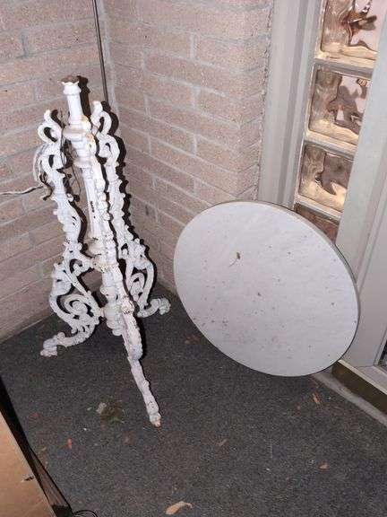 (OUT) 29" TALL CAST IRON STAND & 18" ROUND MARBLE PC. - Isabell Auction