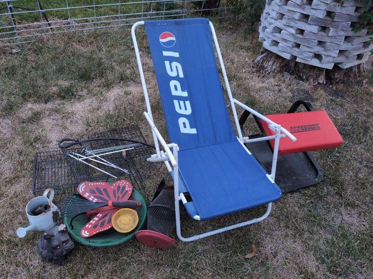 (OUT) PEPSI CHAIR, SHOP STOOL (MISSING ROLLERS), YARD DECOR, ETC ...