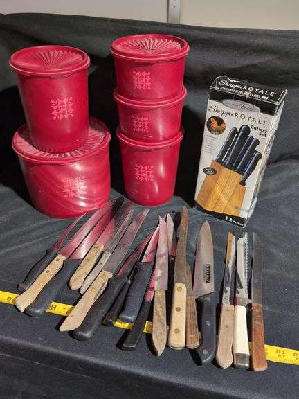 VINTAGE TUPPERWARE CANISTERS, KNIFE BLOCK SET, & ASST'D KITCHEN KNIVES ...
