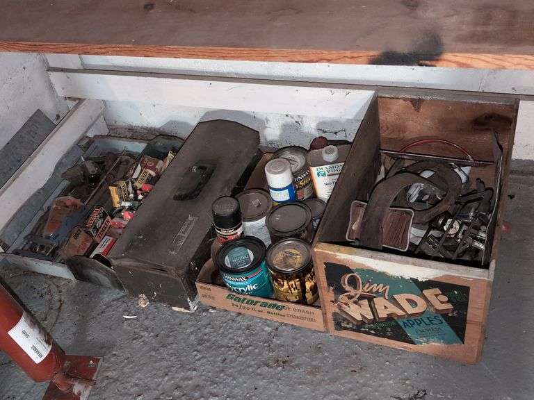 (BASE) METAL TOOL BOX, SPARK PLUGS, BEARINGS, HARDWARE, WOODEN CRATE ...
