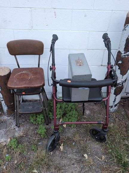 (OUT) COSCO KITCHEN STOOL, WALKER WITH SEAT, FILE BOX - Isabell Auction
