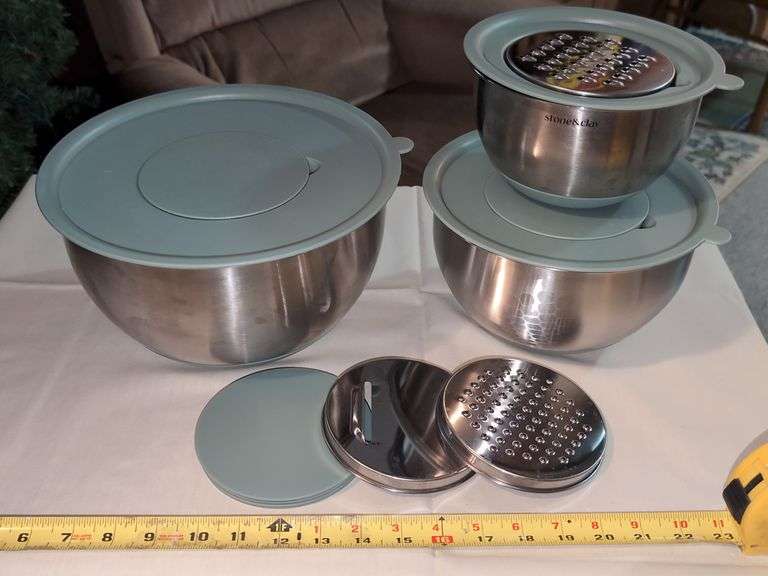 (BASE) 3-PC. STONE & CLAY STAINLESS STEEL MIXING BOWLS WITH GRATER ...