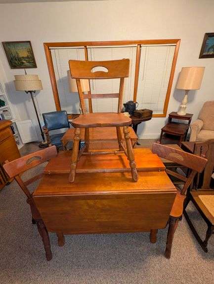 (LR) VINTAGE WOODEN DROP SIDE TABLE WITH (3) CHAIRS ((1) HAS SPLIT SEAT ...
