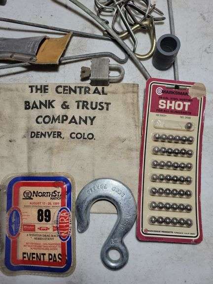 ASSORTED KNOBS, SLINGSHOTS, LOCKS, WIRE COAT HOOKS, BANK BAG, ETC. - Isabell Auction