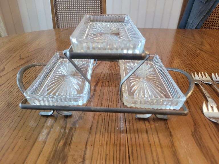 SHEFFIELD ENGLAND SILVERPLATE TRAY, 3 GLASS RELISH DISHES, 7 SHEFFIELD ...