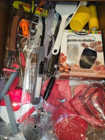 ASSORTED KITCHEN UTENSILS, COOKIE CUTTERS, BIC WAND LIGHTERS, GRATE-N ...