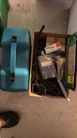 LOT OF ASSORTED HARDWARE, ANTIFREEZE, METAL FILE BOX, EMPTY TOOL BOX, ETC. - Isabell Auction